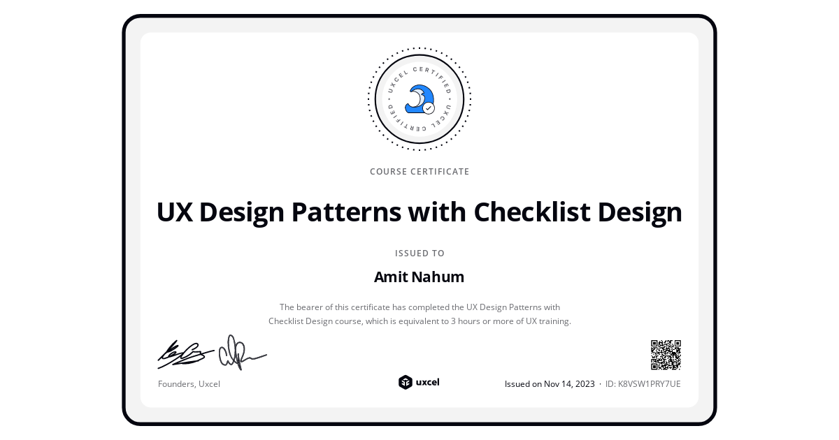 Certificate of completion for UX Design Patterns with Checklist Design | Uxcel